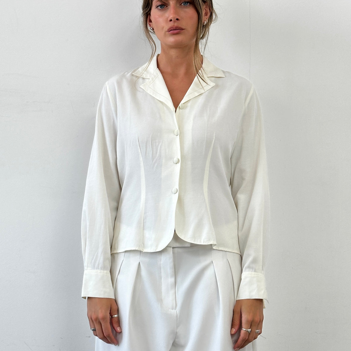 Italian Vintage Open Collar Fitted Blouse - M
