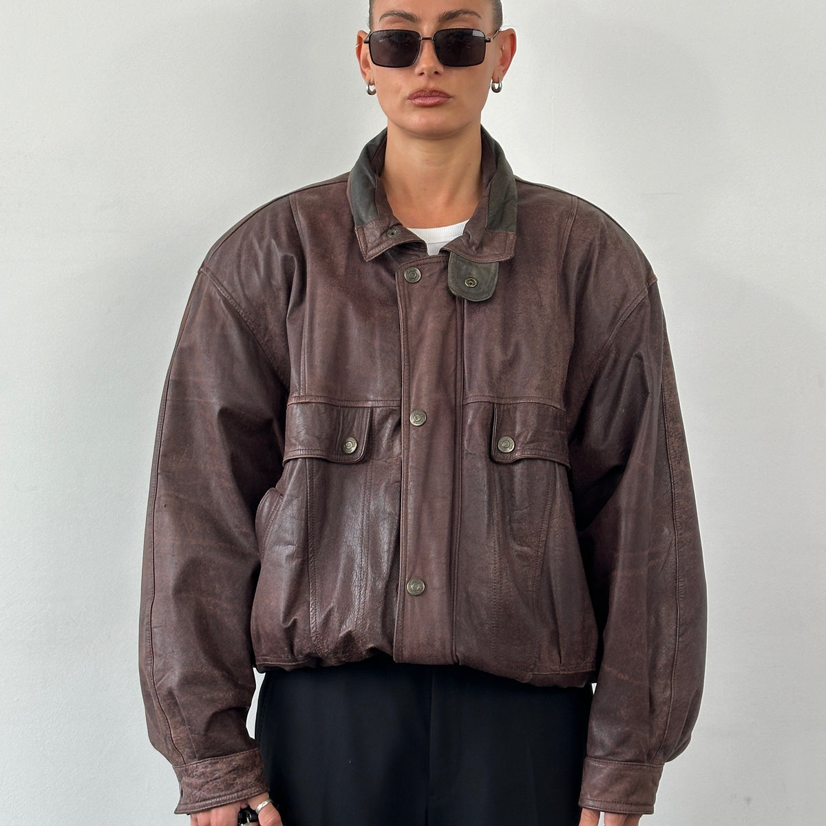 Vintage High Neck Mottled Leather Bomber Jacket - XL | SYLK