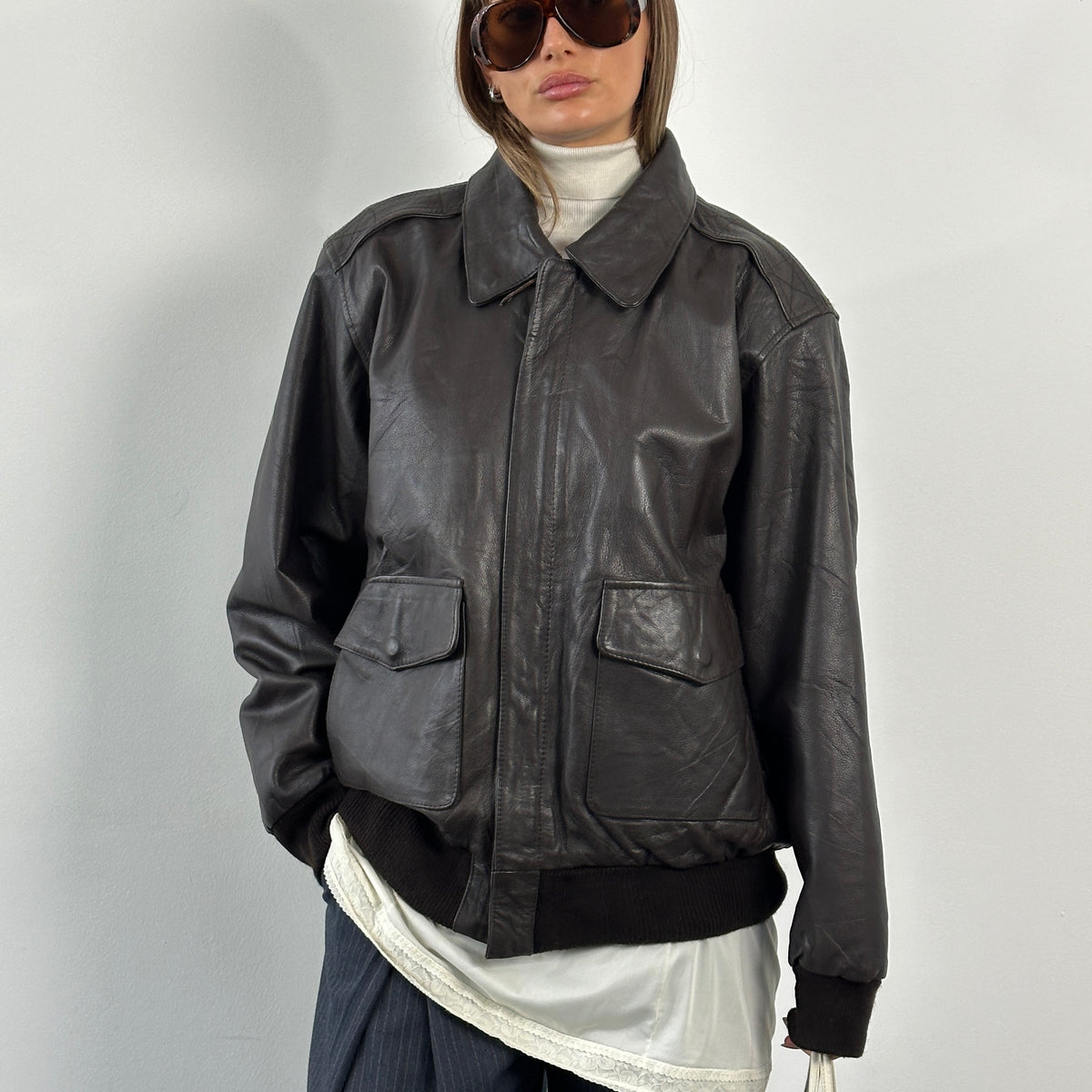 Vintage 1990s Concealed Placket Bomber Leather Jacket - XL