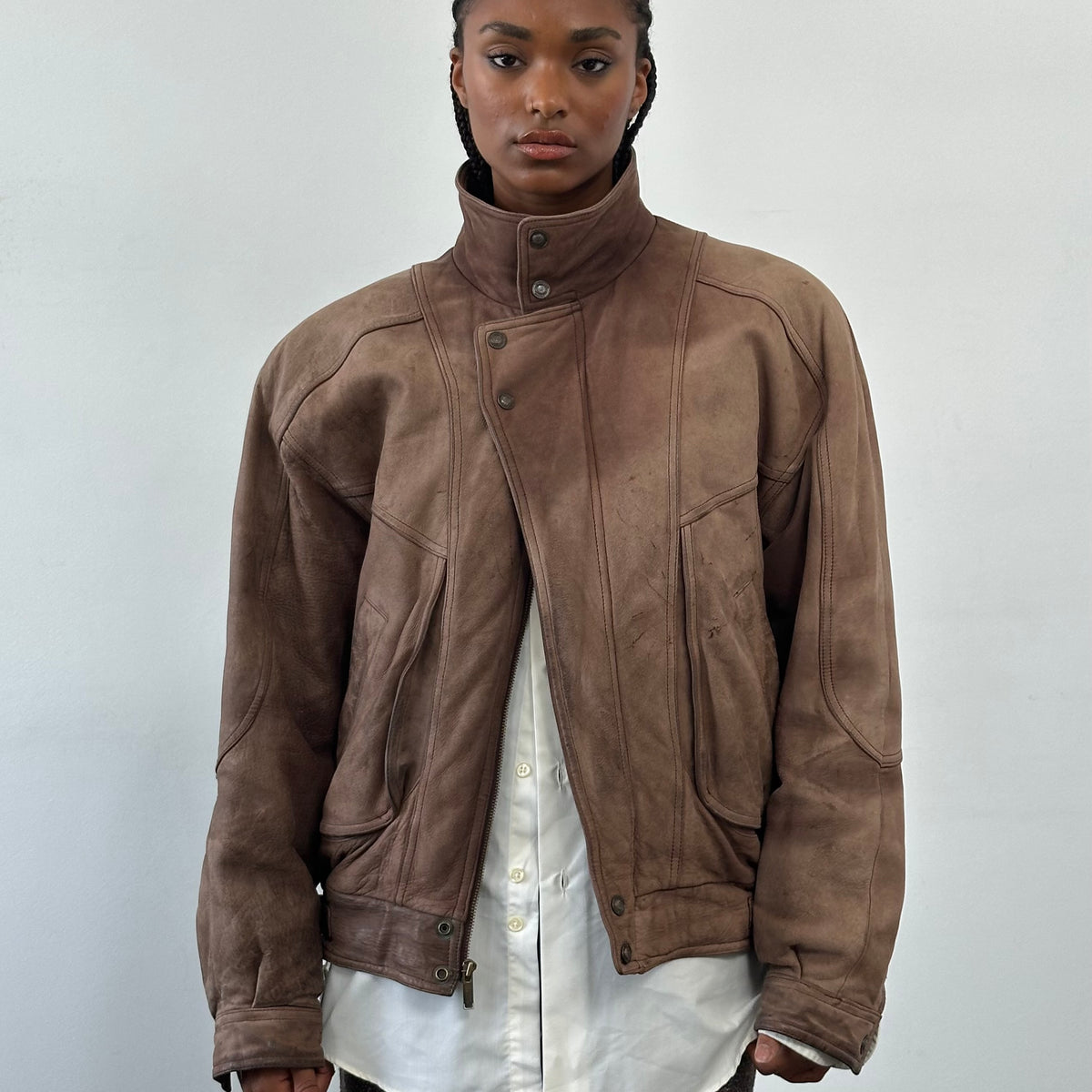 Vintage 1990s High Neck Aged Leather Bomber Jacket - L | SYLK